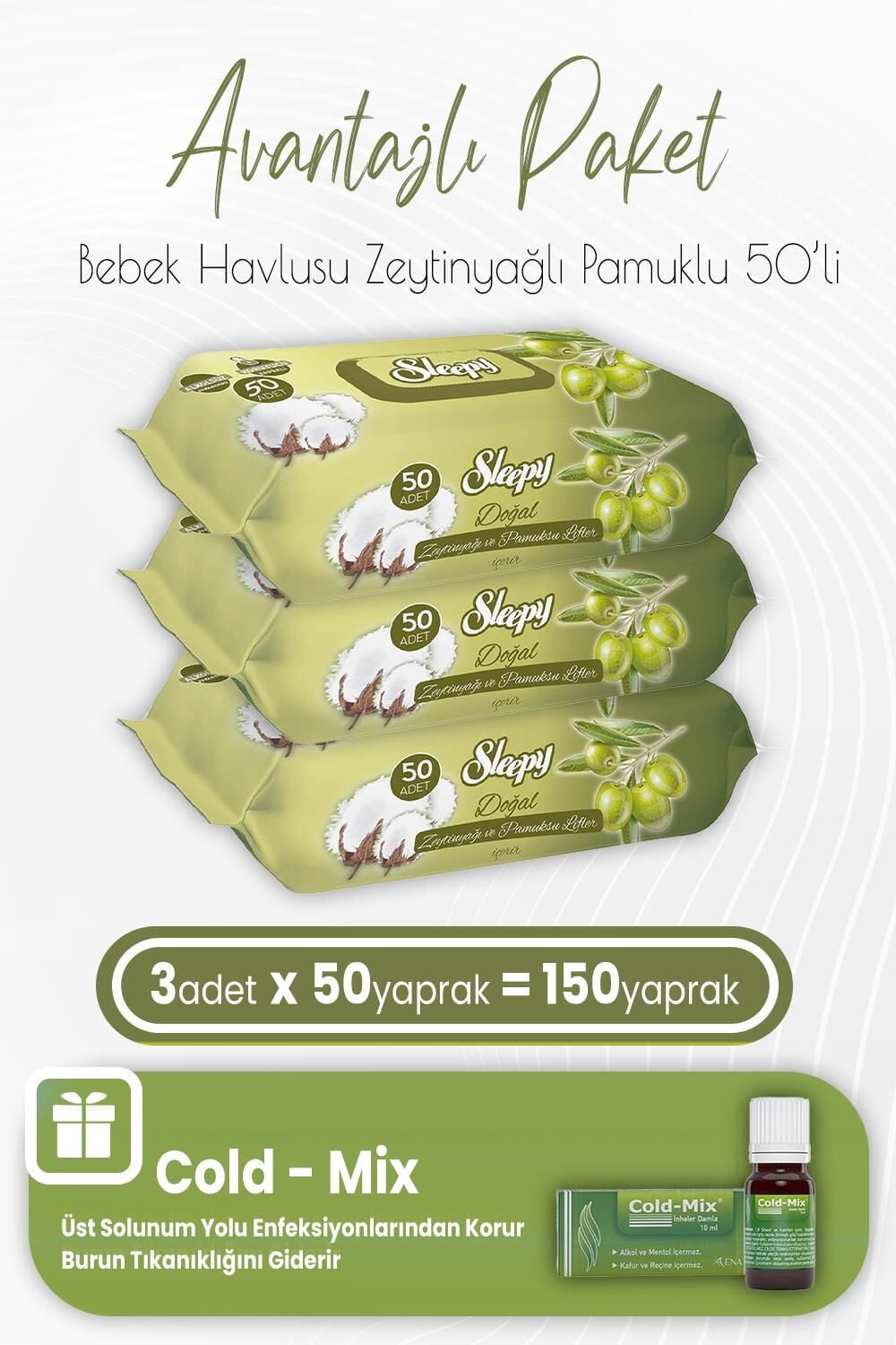 Sleepy Zeytinyağlı Pamuklu Bebek Havlusu 50 x 3 (150 Yaprak) ve İnhaler ...